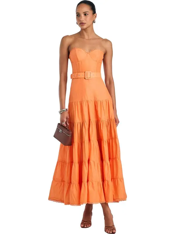 Charo Ruiz Ibiza Strapless Tiered Lace Trim Maxi Dress - Orange
