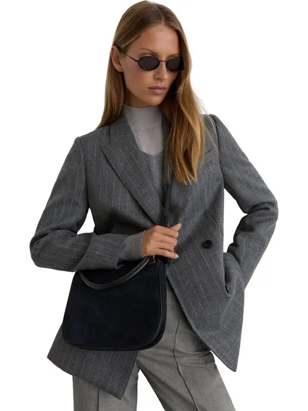 REISS Rosaria Woven Pintuck Flared Trousers - Grey