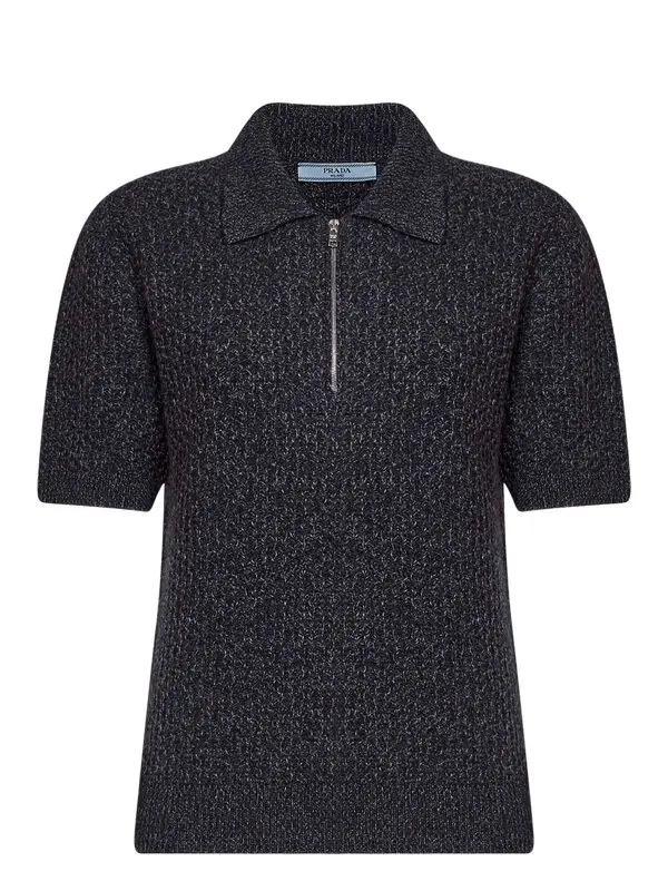 Prada Short-sleeved Knit Top With Collared Neckline And Half-zip Placket - Black