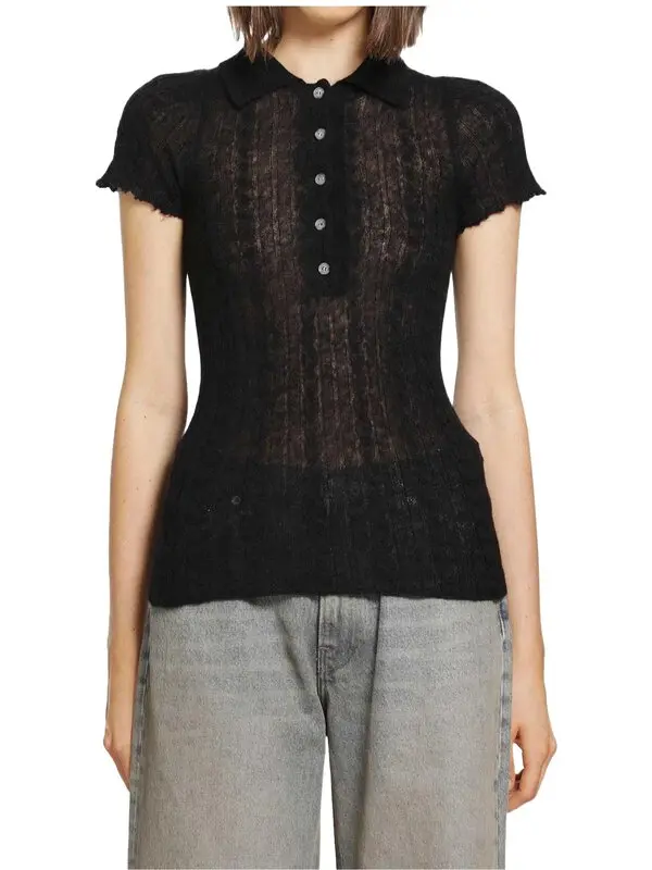 HAIKURE Short-sleeve Sheer Knit Polo Shirt - Black