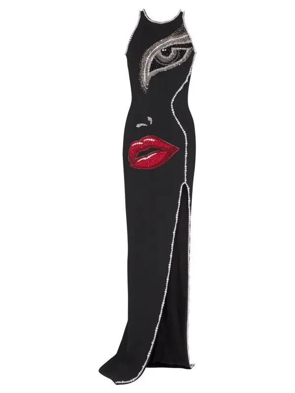 Balmain Sleeveless Face Motif Embroidered Maxi Dress - Black