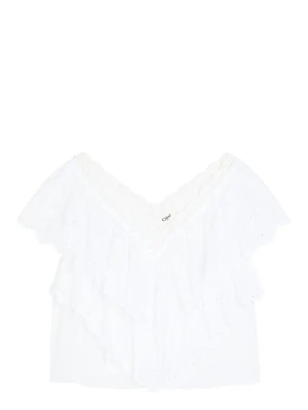 Chloé Embroidered Ruffled Cotton Cropped Top - White