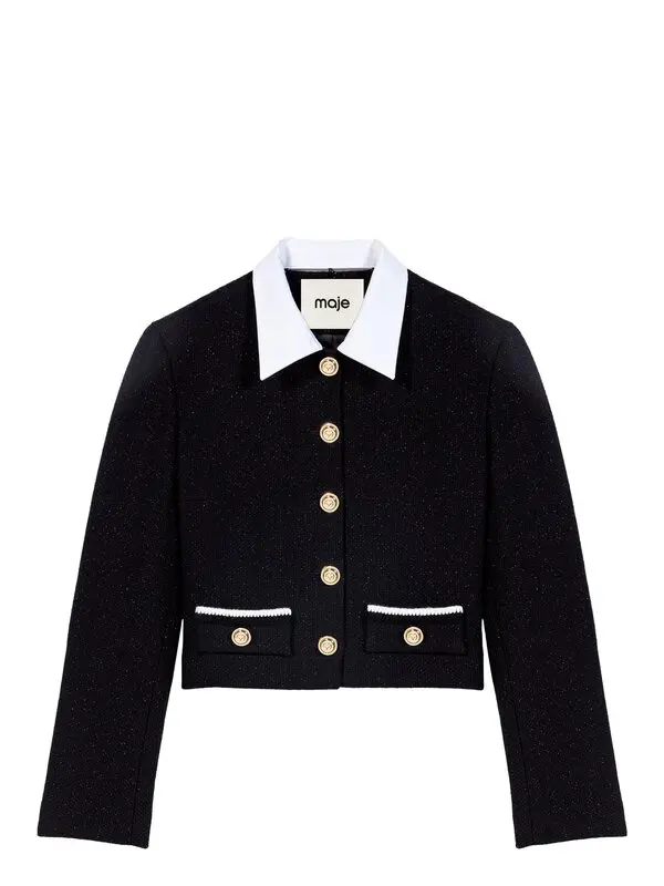 Maje Cropped Glitter Knit Jacket With Detachable Collar - Black