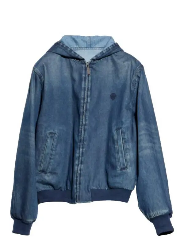 Gucci Reversible Washed Denim Zip Jacket With Crest Embroidery - Blue
