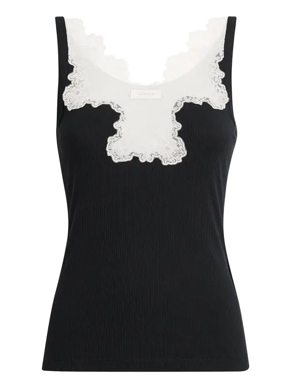 Sandro Ribbed Tank Top With Lace Trim - Black