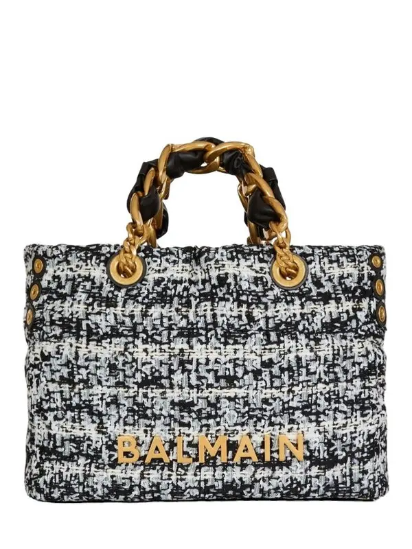 Balmain Small 1945 Soft Tweed Tote Bag With Gold Tone Hardware - Black