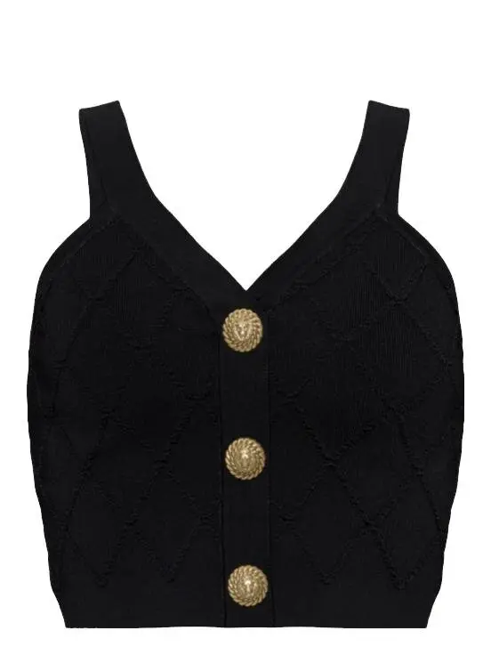 Balmain Buttoned Knit V-neck Cropped Top - Black