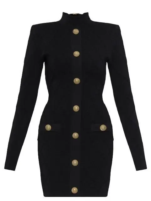 Balmain Long Sleeve Button Detailed Dress - Black