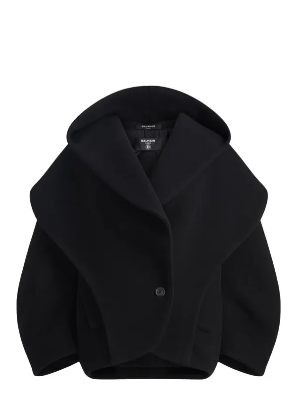 Balmain Oversized Wool Pea Coat With Hood - Black