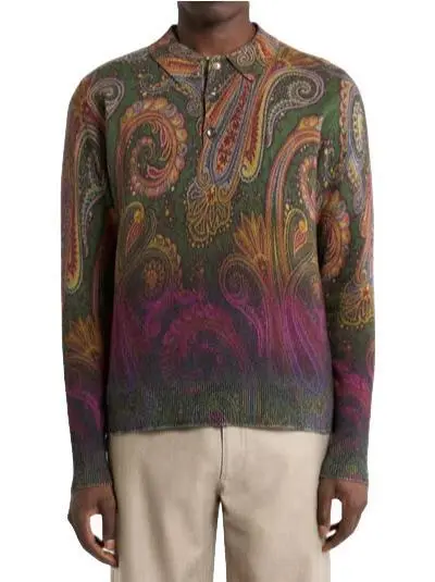 Etro Long-sleeved Wool Polo Shirt With Degradé Paisley Motif - Black