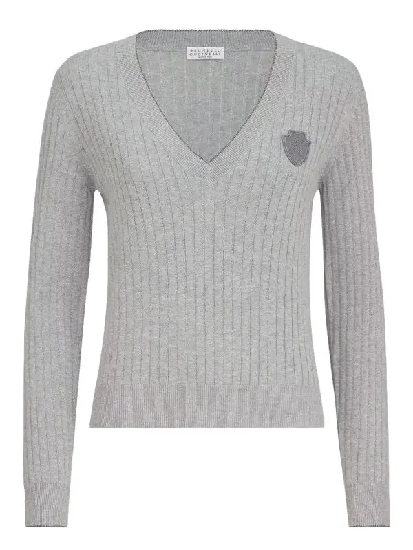 Brunello Cucinelli Ribbed Cotton V-neck Sweater With Logo Patch - Grey