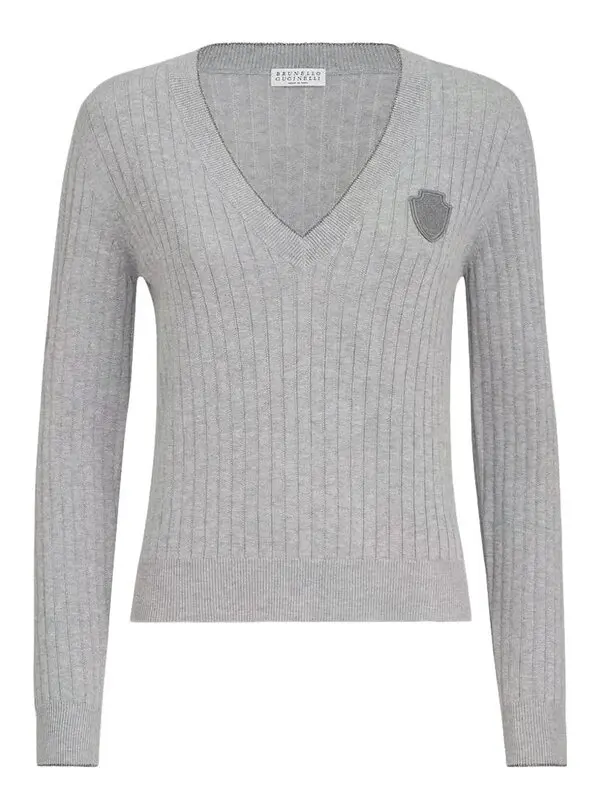 Brunello Cucinelli Ribbed Cotton V-neck Sweater With Logo Patch - Grey
