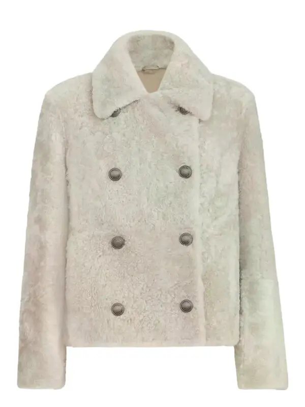 Brunello Cucinelli Fuzzy Shearling Double Breasted Pea Coat - Neutrals