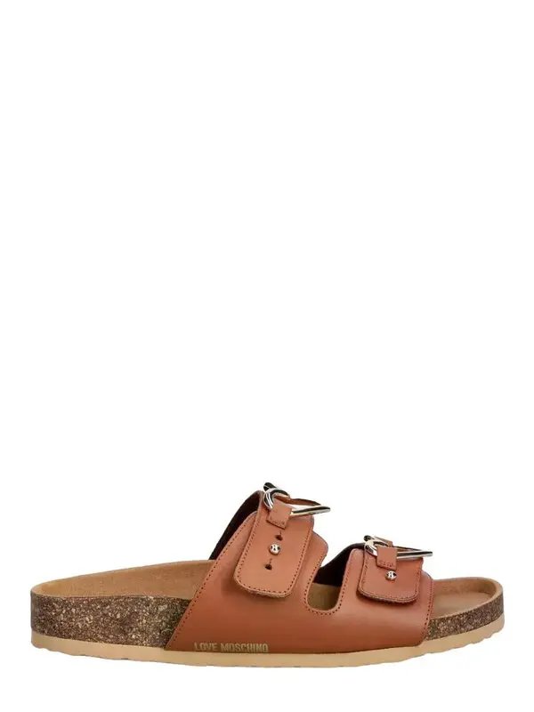 Moschino Heart Buckle Leather Slides - Brown