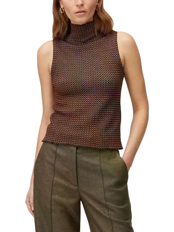 RETORI Retro Ijacquard Knit Sleeveless Mock Neck Top - Brown