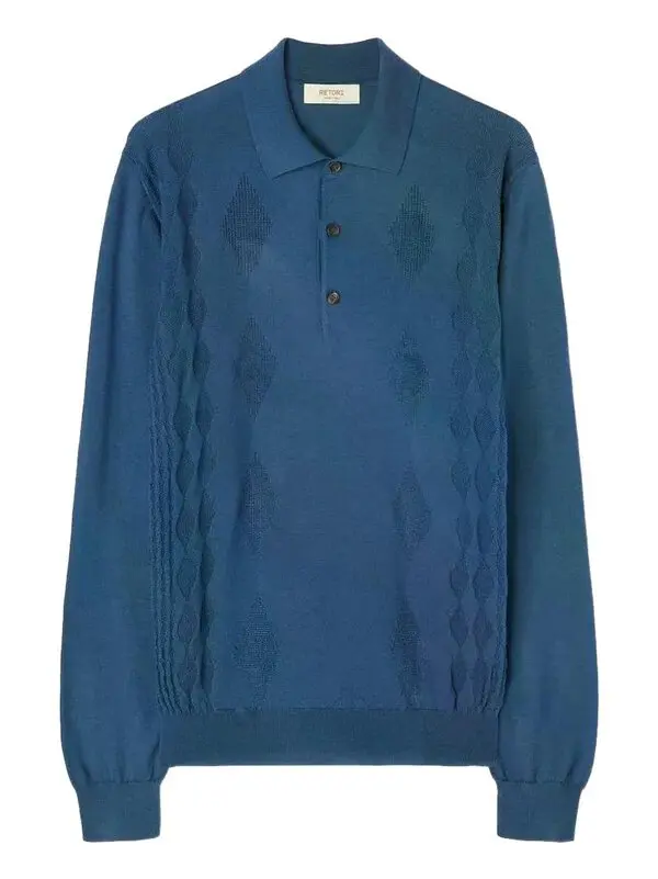 RETORI Argyle-knit Long-sleeve Polo Shirt - Blue