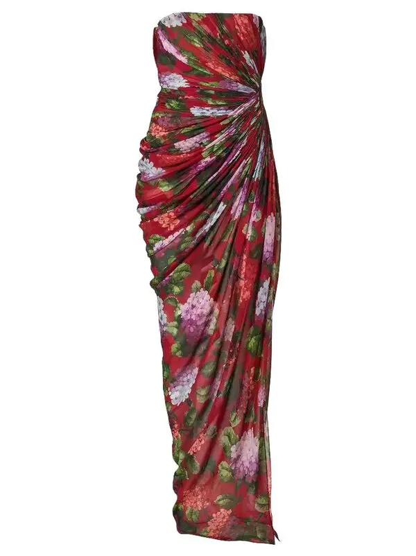 Carolina Herrera Strapless Draped Floral Maxi Dress - Red