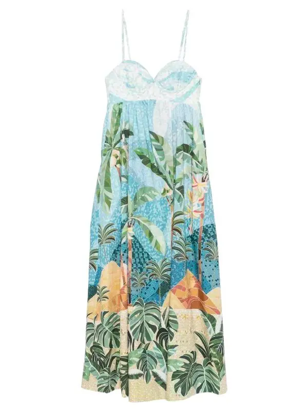 Farm Rio Rio Mosaic Sweetheart Neck Midi Dress - Blue