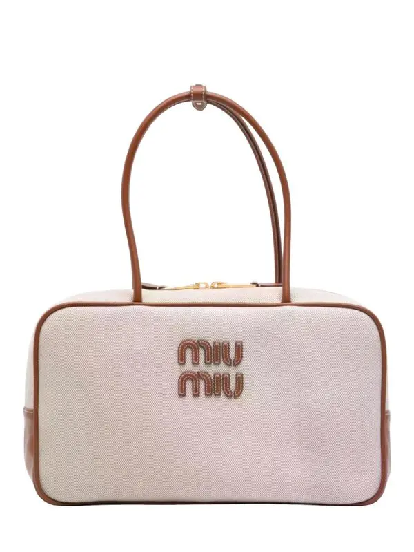 Miu Miu Large Canvas And Leather Logo Beau Handbag - Brown