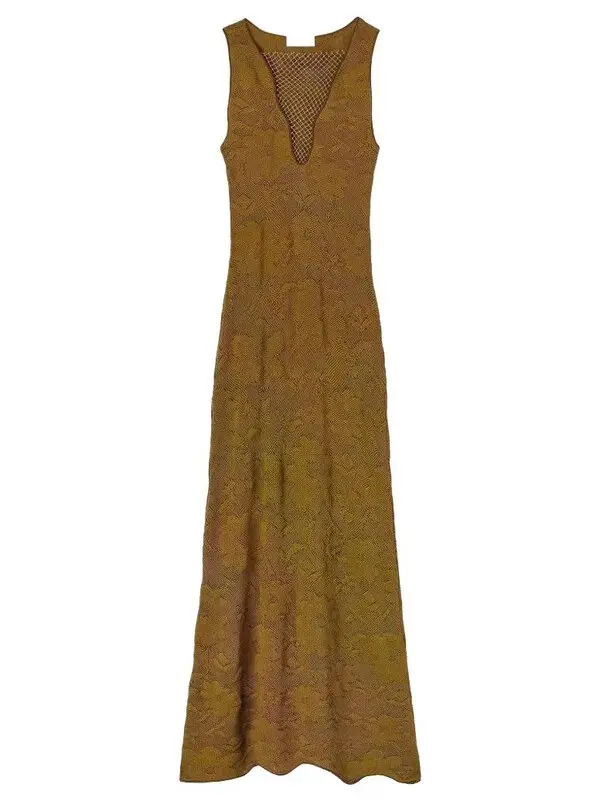 RETORI Jacquard-knit V-neck Midi Dress With Net Detail - Brown