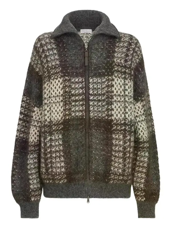 Brunello Cucinelli Tartan Double Knit Mohair, Virgin Wool, And Cashmere Jacket - Grey
