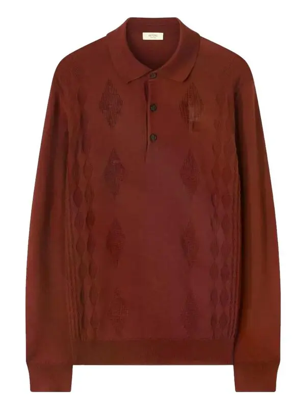 RETORI Argyle-stitch Long-sleeve Wool Polo Shirt - Brown