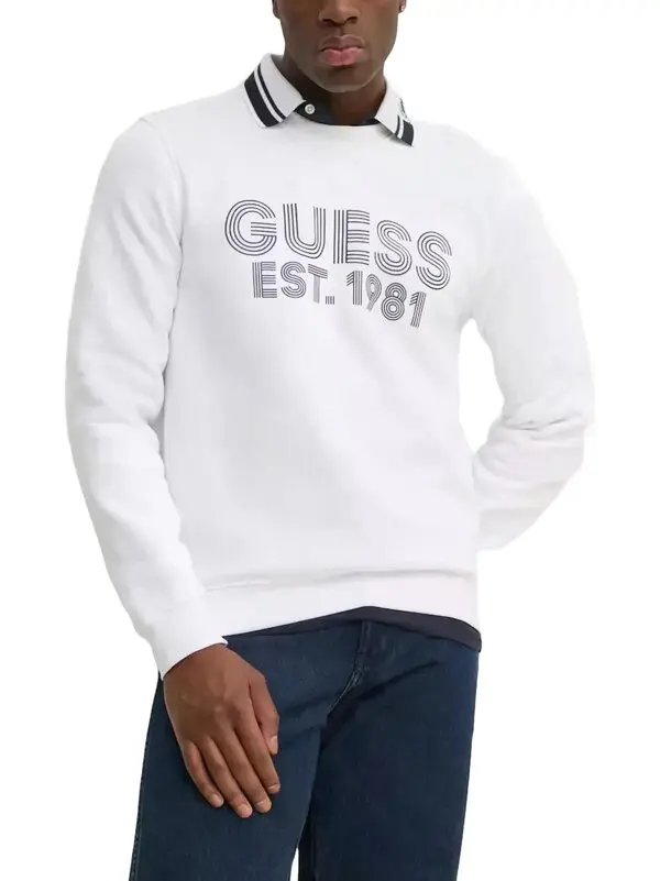 Guess Logo Print Crew Neck Long Sleeve Sweater - White