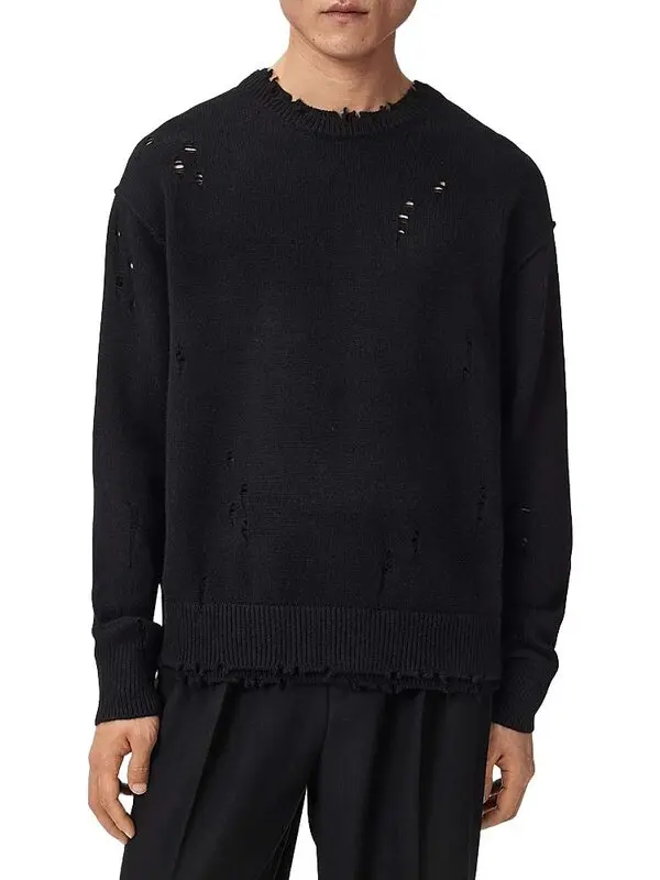 ALLSAINTS Distressed Wool Blend Crew Neck Sweater - Black