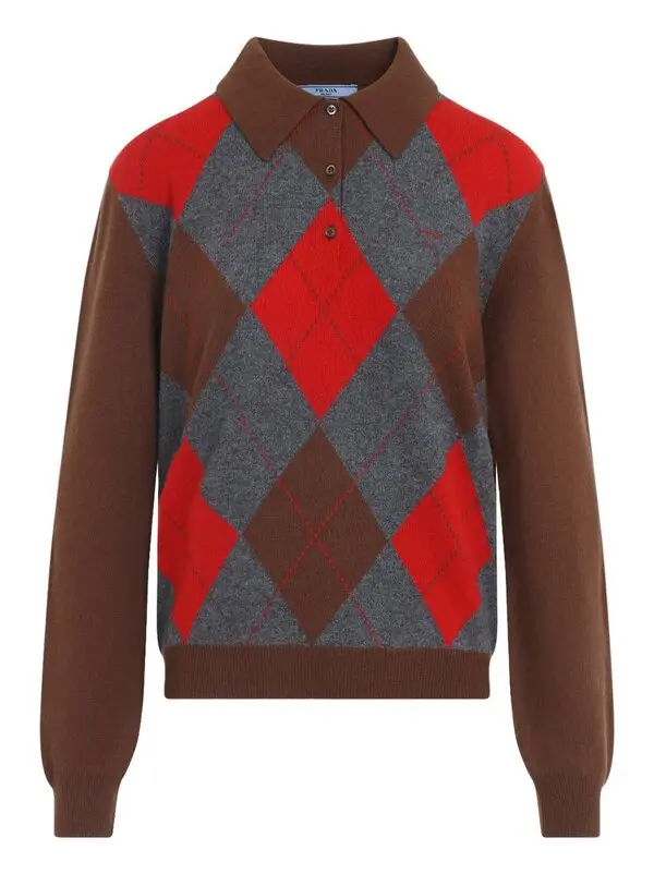Prada Argyle Patterned Polo Neck Cashmere Sweater - Brown