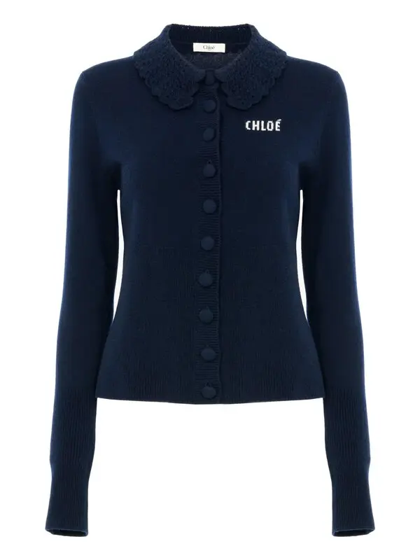 Chloé Wool Cardigan With Guipure Trim And Contrast Logo - Blu