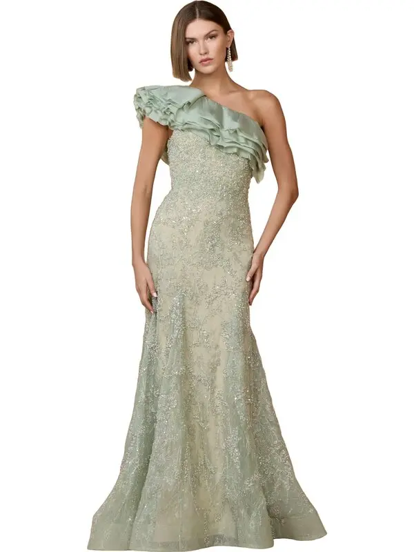 MAC DUGGAL COLLECTION One Shoulder Trumpet Gown With Embellished Lace - Sage