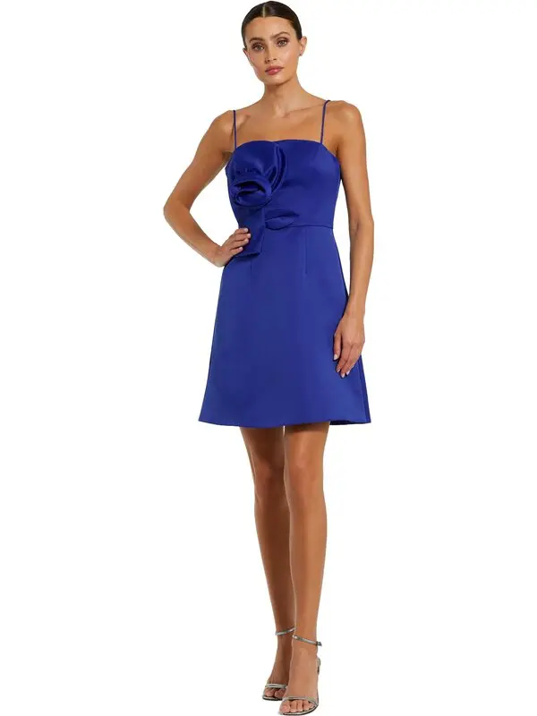 Mac Duggal Satin A-line Mini Dress With 3d Rose Detail - Cobalt