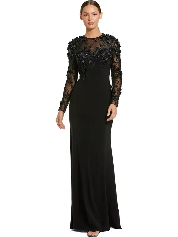 Mac Duggal Petite Long Sleeve Floral Embellished Column Gown - Black
