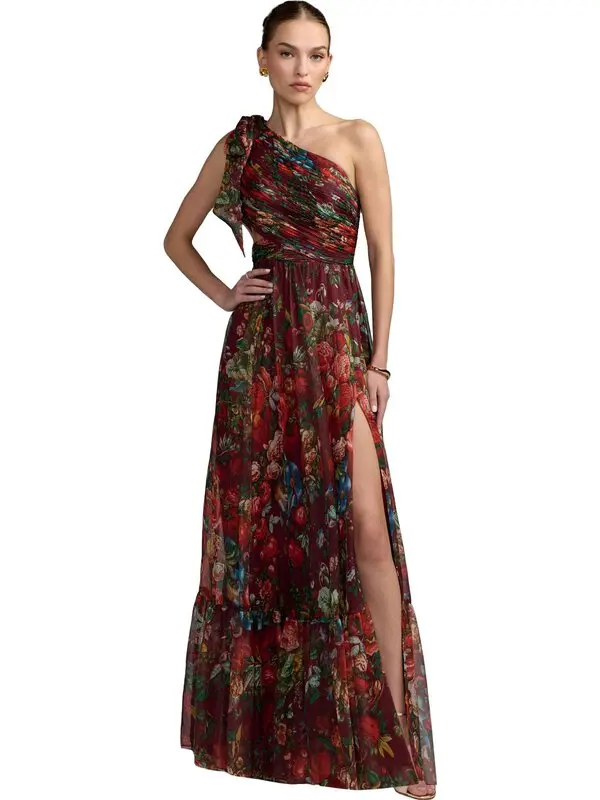 Mac Duggal One Shoulder Floral Printed Chiffon Gown With Side Cut Out And Slit - Red