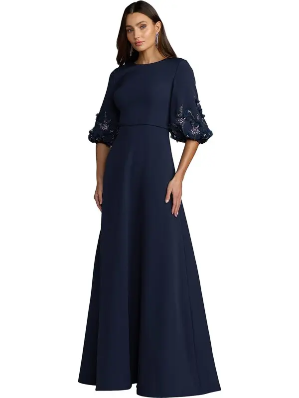 Mac Duggal Navy Crepe A-line Gown With Embellished Puff Sleeves - Midnight Multi