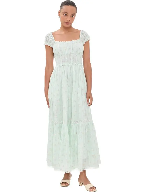 LoveShackFancy Lysandra Maxi Dress With Puff Sleeves And Floral Print - Celadon Drift