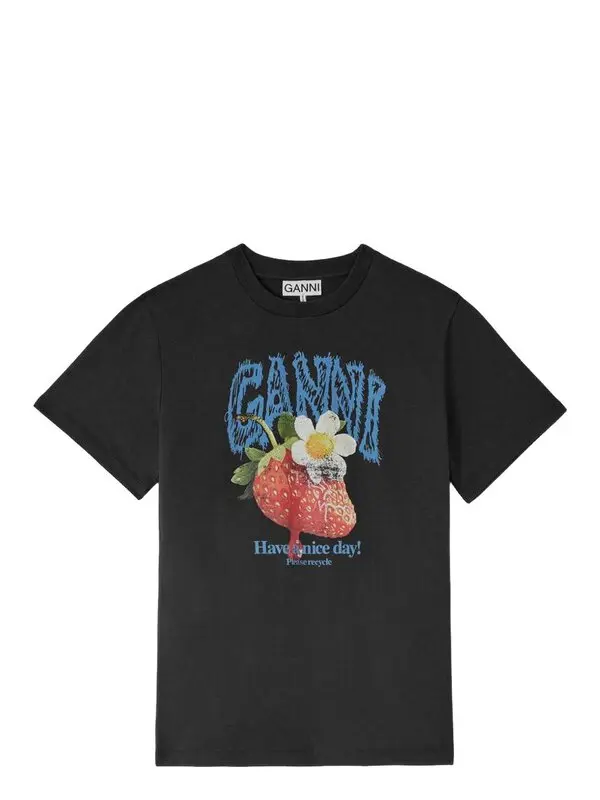 GANNI Printed Cotton T-shirt - Black