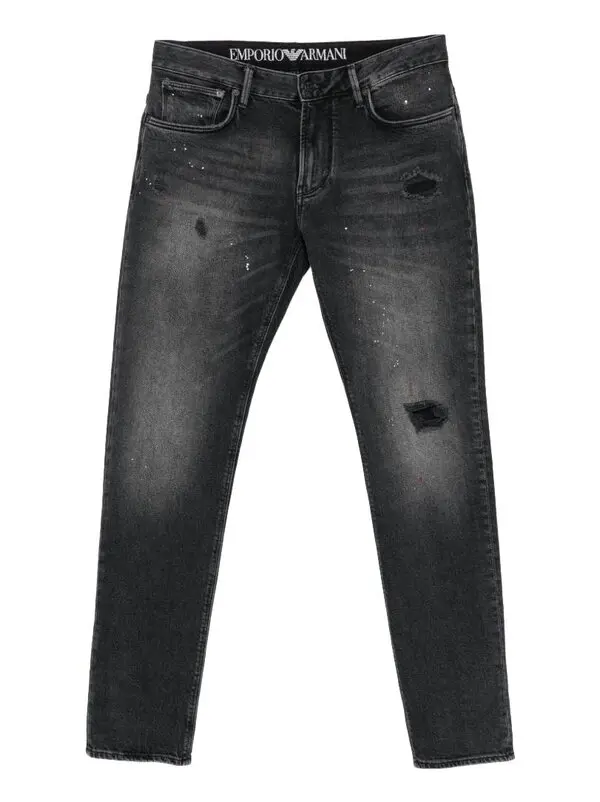 Emporio Armani Slim Fit Cotton Denim Jeans With Paint Splatter Detail - Black