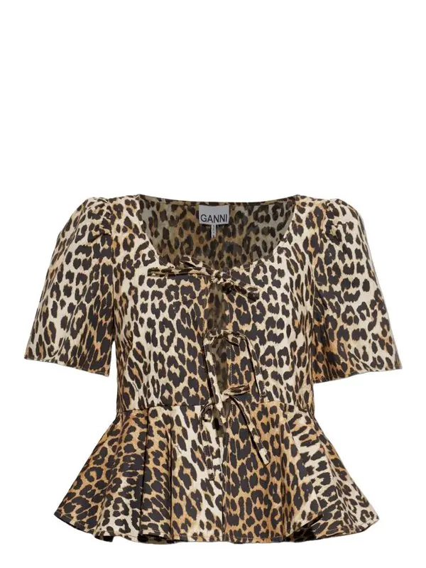 GANNI Tie Detailed Peplum Blouse - Leopard Print