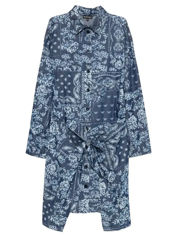 Emporio Armani Printed Cotton Chemisier Dress - Navy