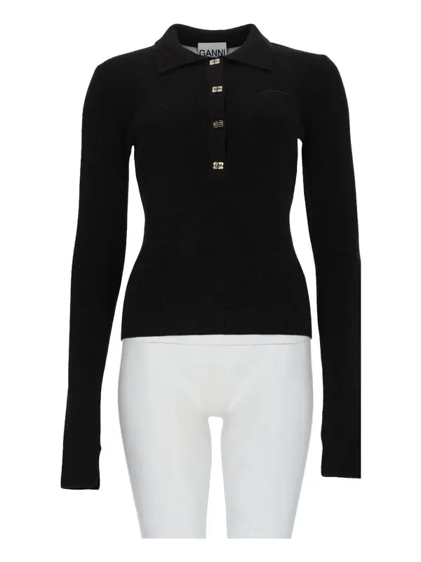 GANNI Slim Fit Wool Polo Shirt - Black