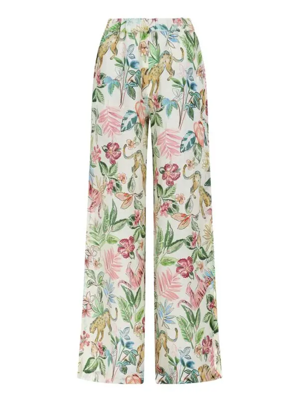 120% Lino Tropical Print Linen Trousers - Multicolour