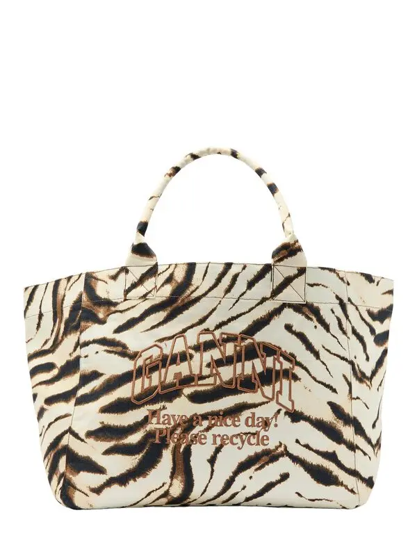 GANNI Printed Canvas Tote Bag - Cream