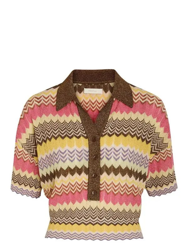 Faithfull The Brand Raya Chevron Pointelle Metallic-knit Polo Top - Stripe