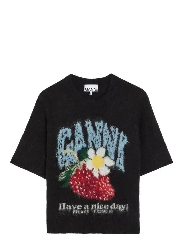 GANNI Intarsia Brushed Alpaca-blend T-shirt - Black