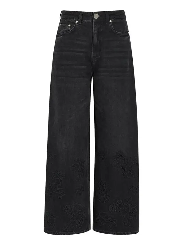 GANNI Floral Embroidered Wide-leg Jeans - Black