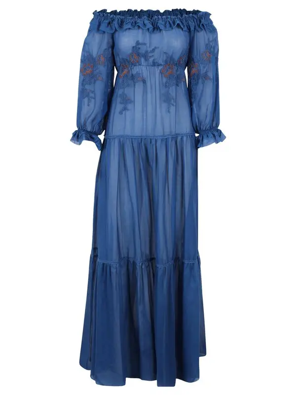 Ermanno Scervino Embroidered Ruffled Maxi Dress - Blue