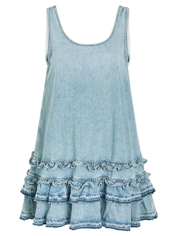 GANNI Frill Denim Mini Dress - Light Blue