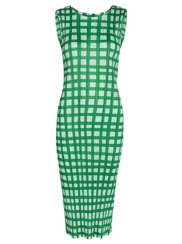 Issey Miyake Gingham Pleated Midi Dress - Green