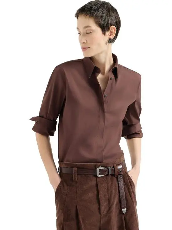 Brunello Cucinelli Stretch Cotton Poplin Shirt With Embellished Collar - Grape